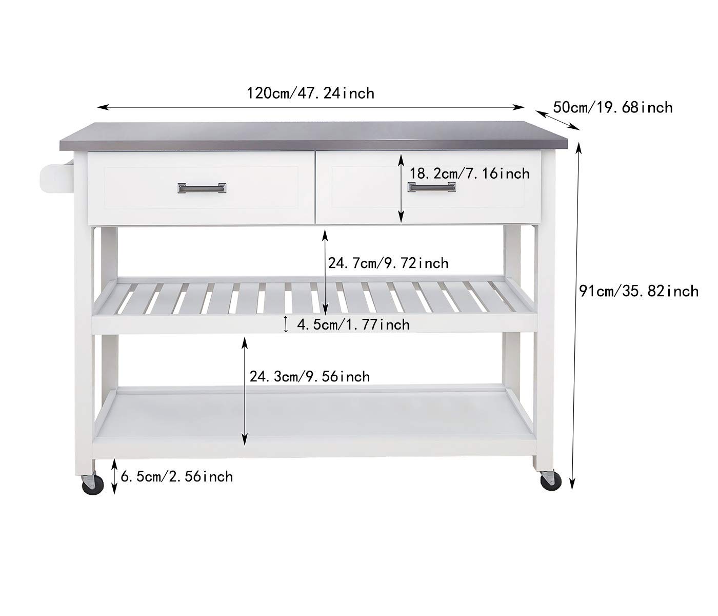 RASOO Kitchen Island White Stainless Steel Top Kitchen Cart On Wheels with 2 Drawers and Storage Shelves, 47.24"x19.68"x35.82"(LxWxH