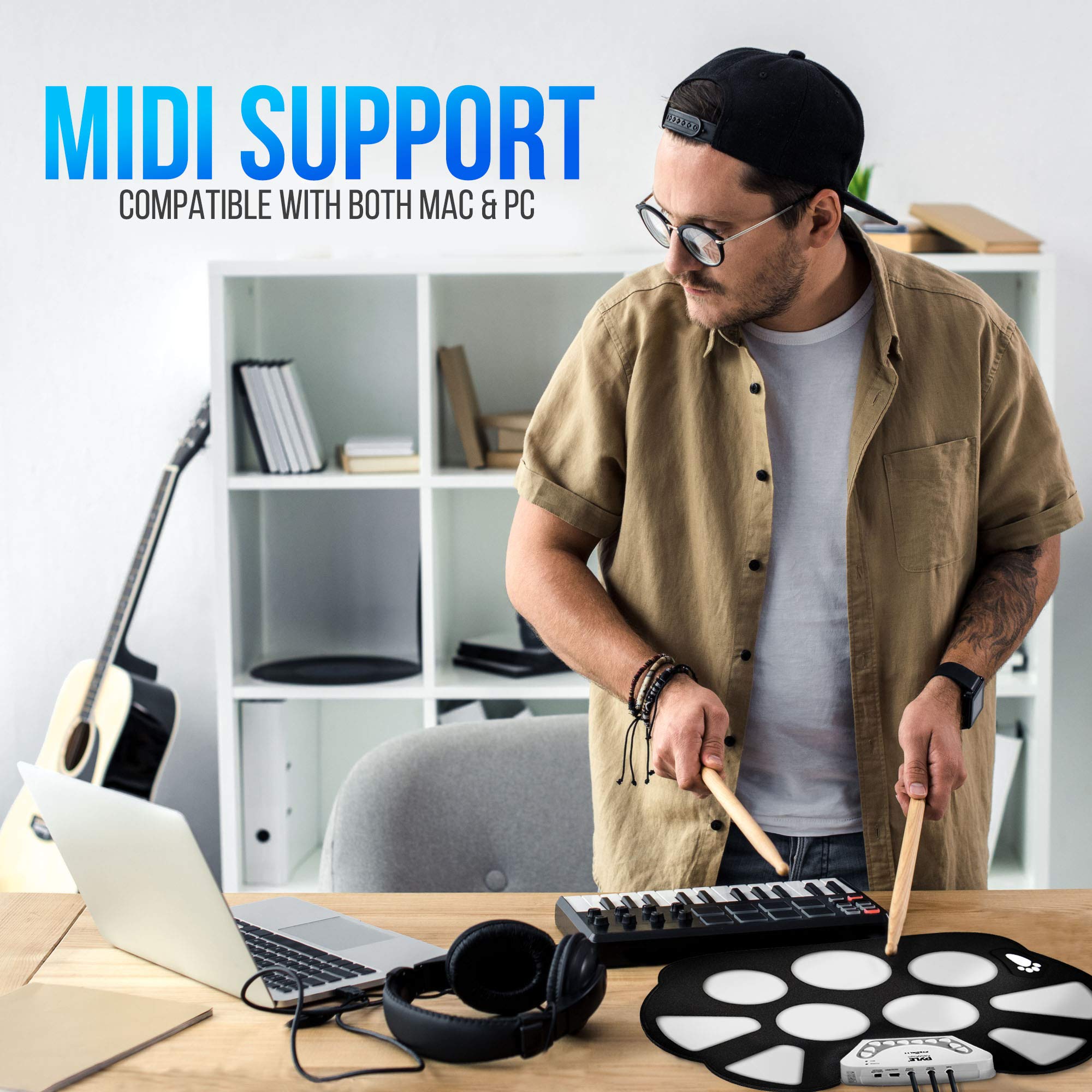 Pyle Compact & Ultra-Thin Portable Machine w/ 9 Electronic Pads, Foot Pedals, Drumsticks, & Power Supply Tabletop Roll, Loaded Drum Electric Kits & Songs (PTEDRL11.5)