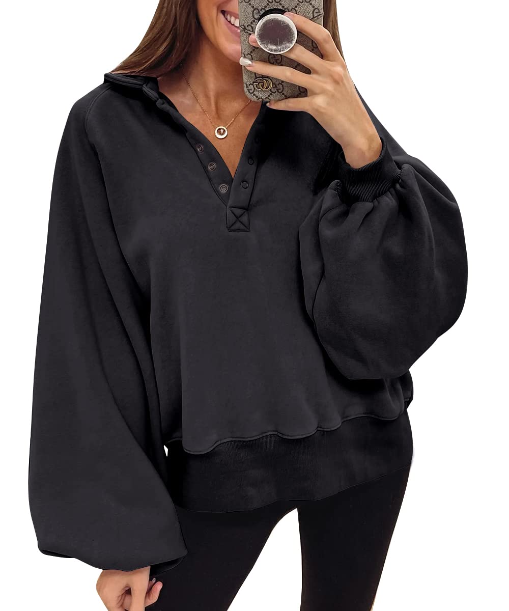 Trendy Queen Womens Sweatshirts Cropped Sweater Fashion Hoodies Oversized Jacket Fall Clothes 2023 Lantern Sleeve Drop Shoulder Pullover Button Fashion Y2K Outfits Black