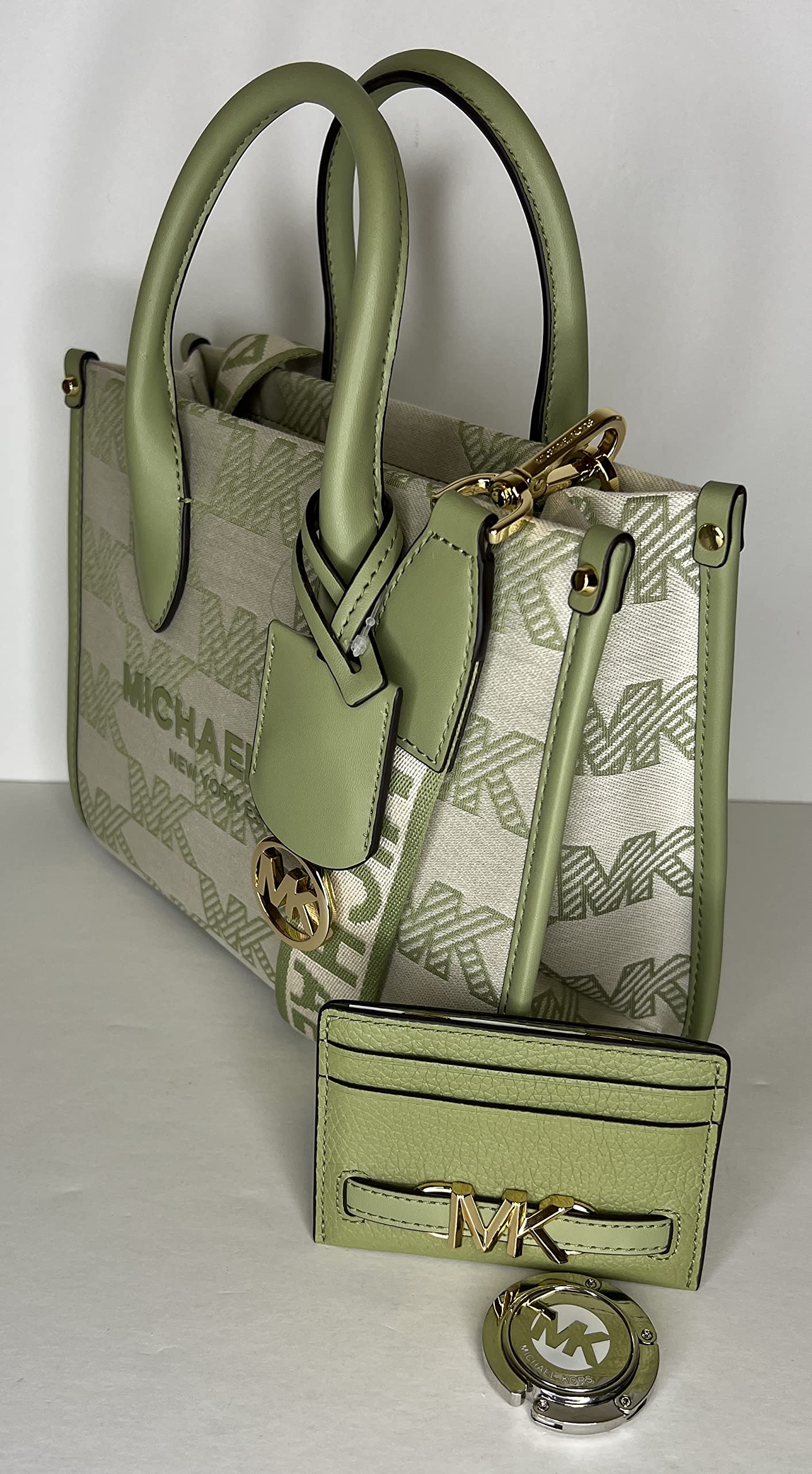 Michael Kors Mirella Small Shopper Top Zip Bag bundled SM TZ Coinpouch Purse Hook (Sage Green MK)