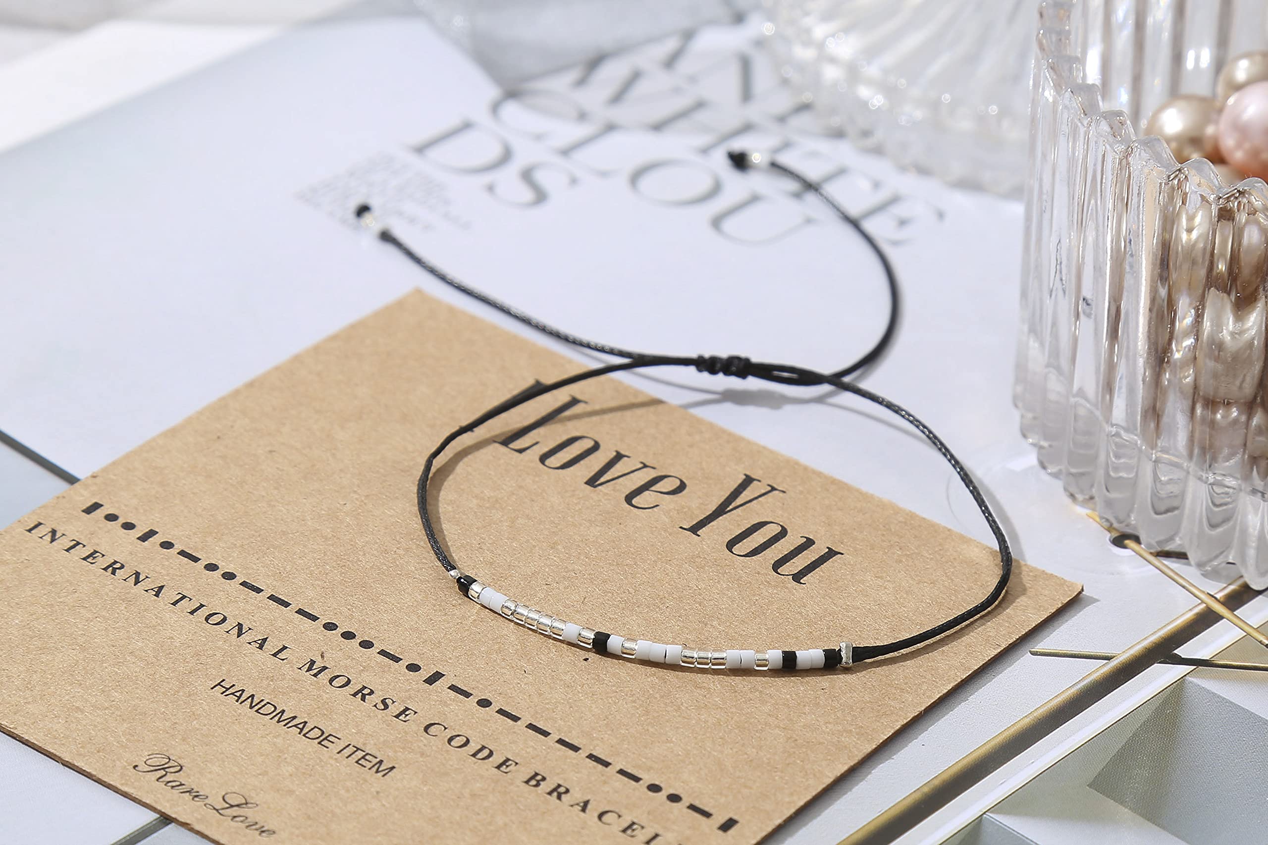 RareLove I Love You Morse Code Beaded Bracelet for Women Relationship Bracelets,His and Hers Bracelets Waterproof Silver White Black Tiny Pony Seed Beads Black String