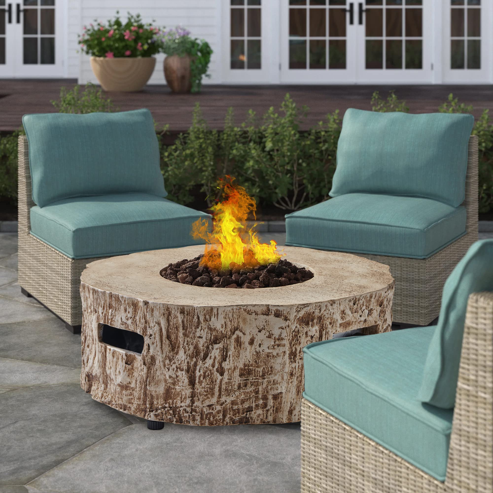 Outdoor 28 Inch Propane Fire Pit Table 30,000 BTU Stone Texture Round Gas Fire Table Patio Fire Table Firepit Base with Lava Rocks (Tank Outside), Brown