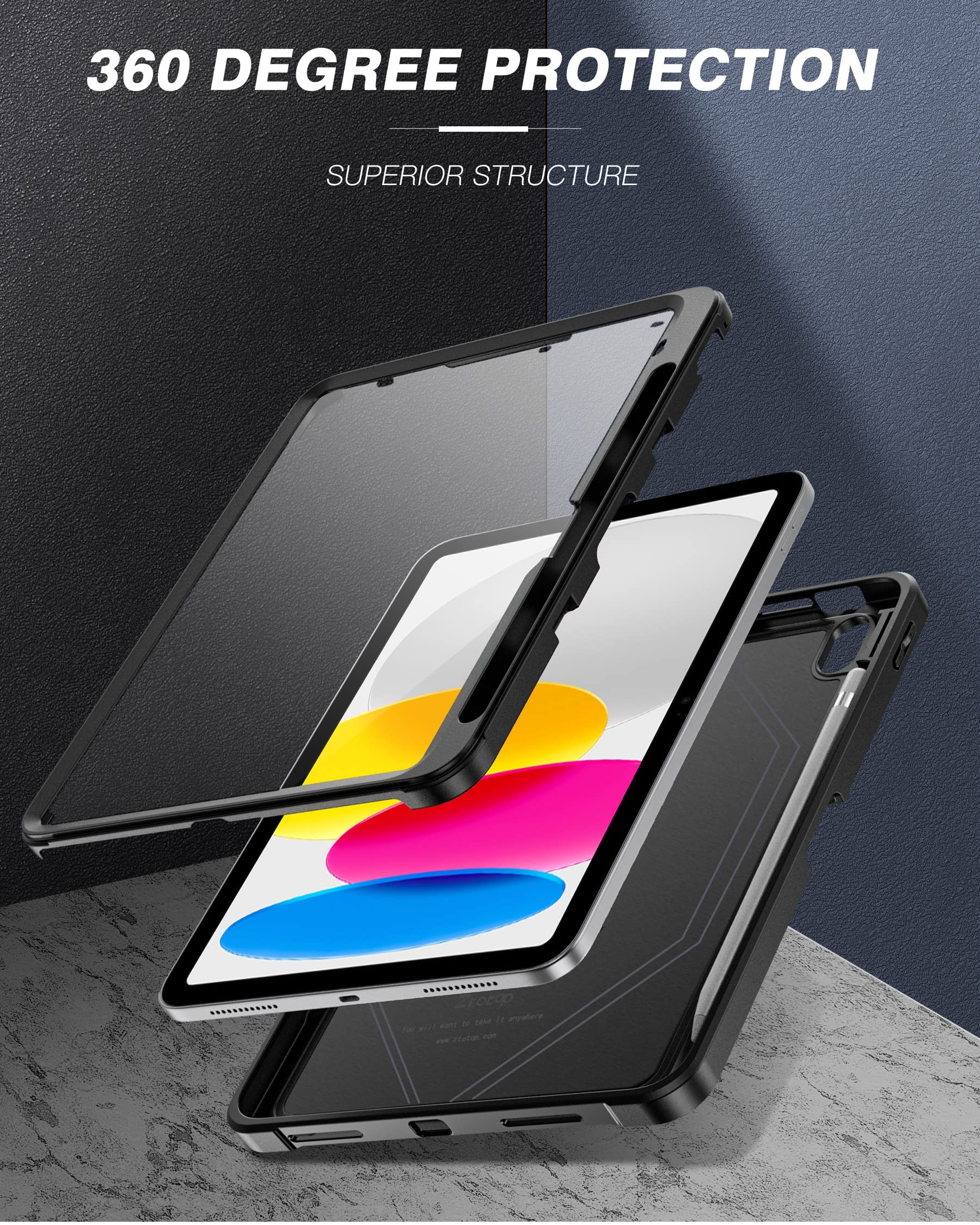 ZtotopCases for iPad 10th Generation Case 10.9 Inch 2022, Built with Pencil Holder, Screen Protector & Kickstand, Shockproof Portable Full-Body Protective Cover for New iPad 10th gen 10.9" 2022, Black