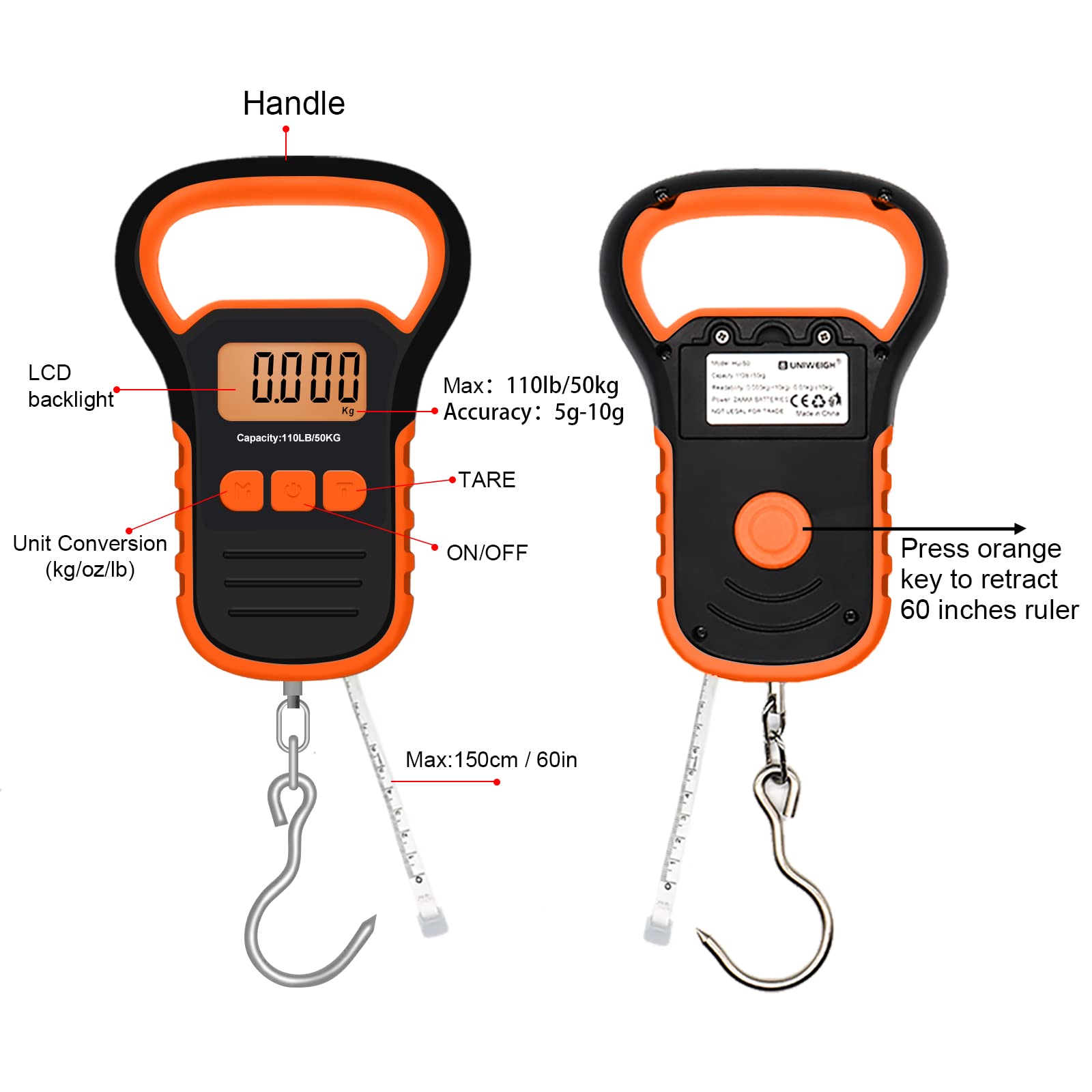 UNIWEIGH Digital Fishing Scale with Lip Gripper,Tape and Ruler,110lb/50kg Postal Hanging Luggage Scale with Hook,Waterproof Handing Scale for Home and Outdoor(Orange)