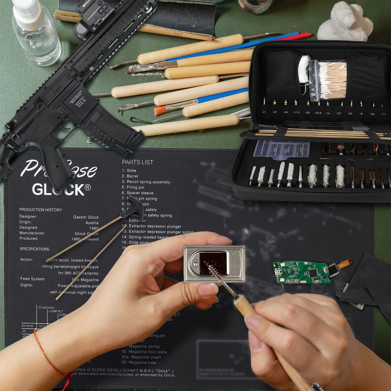 ProCase Gun Cleaning Mat with Cotton Swabs and Cleaning Cloth, Pistol Gunsmith Maintenance Tools Oil-Resistant Anti-Slip Printing Mat, 11.3” x 17.3”, Black