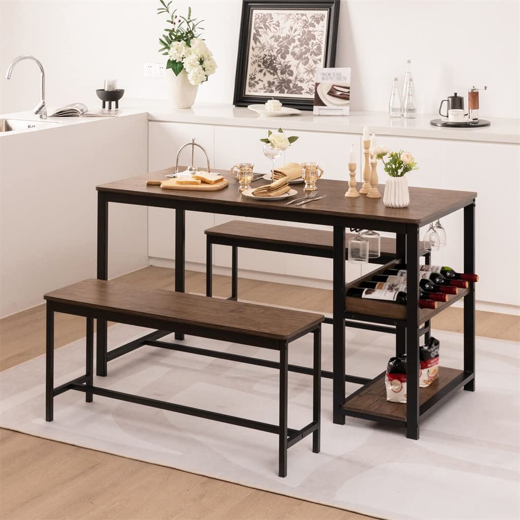 MJWDP 3 Piece Dining Table Set for Kitchen Table and 2 Bench Storage Compartments with Wine Rack
