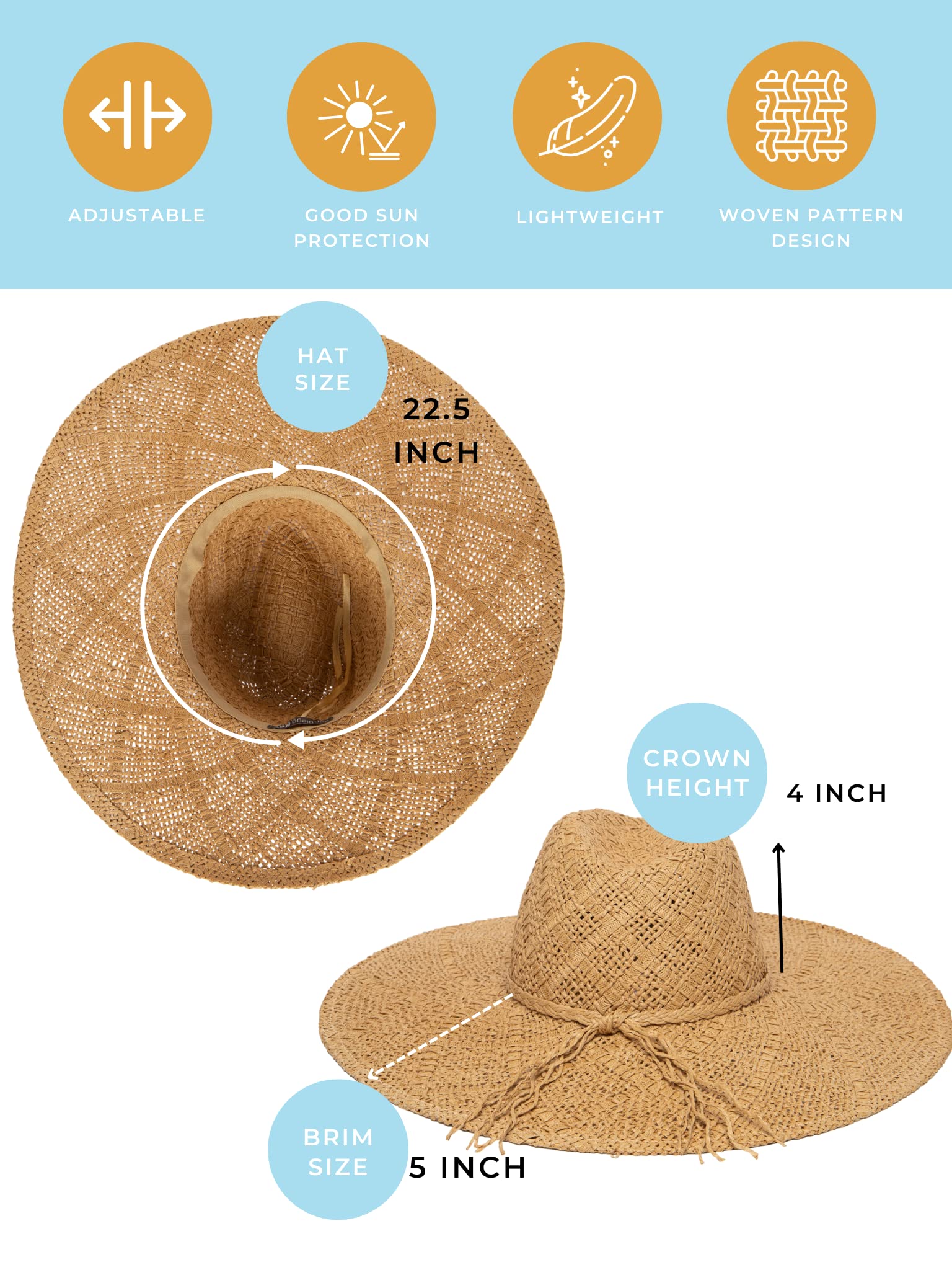 San Diego Hat Company Women's Wide Brim Sun Hat Fedora with Woven Pattern, One Size, Camel