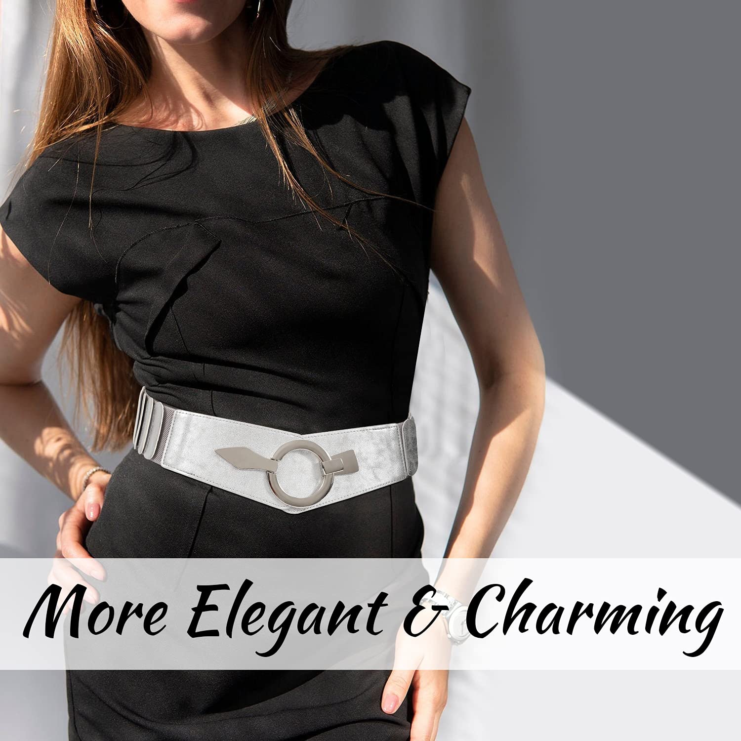 SUOSDEY Women Fashion Wide Elastic Belt Stretch Waist Belt with Easy Silver Buckle for Dresses,black,S