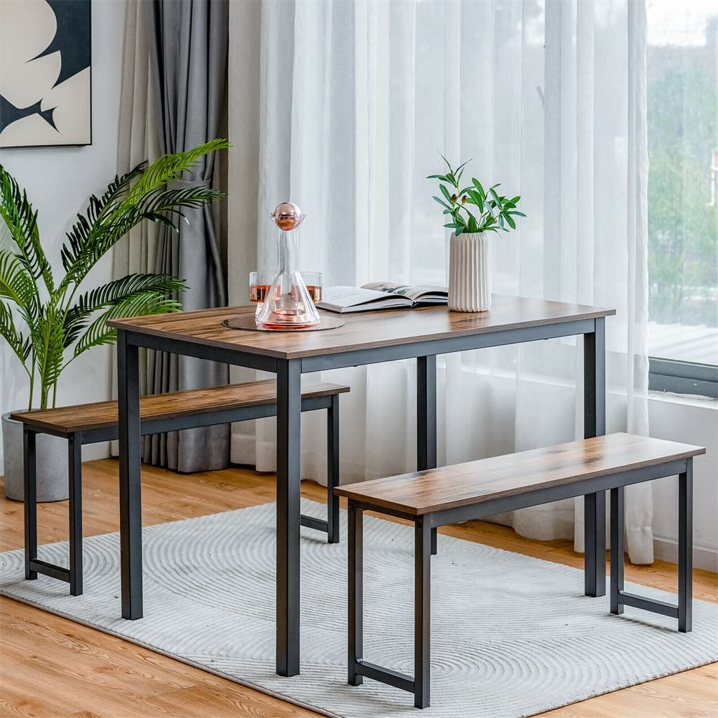 MJWDP 3 Piece Dining Table Bench Set with Wooden Top and Metal Frame Furniture Set