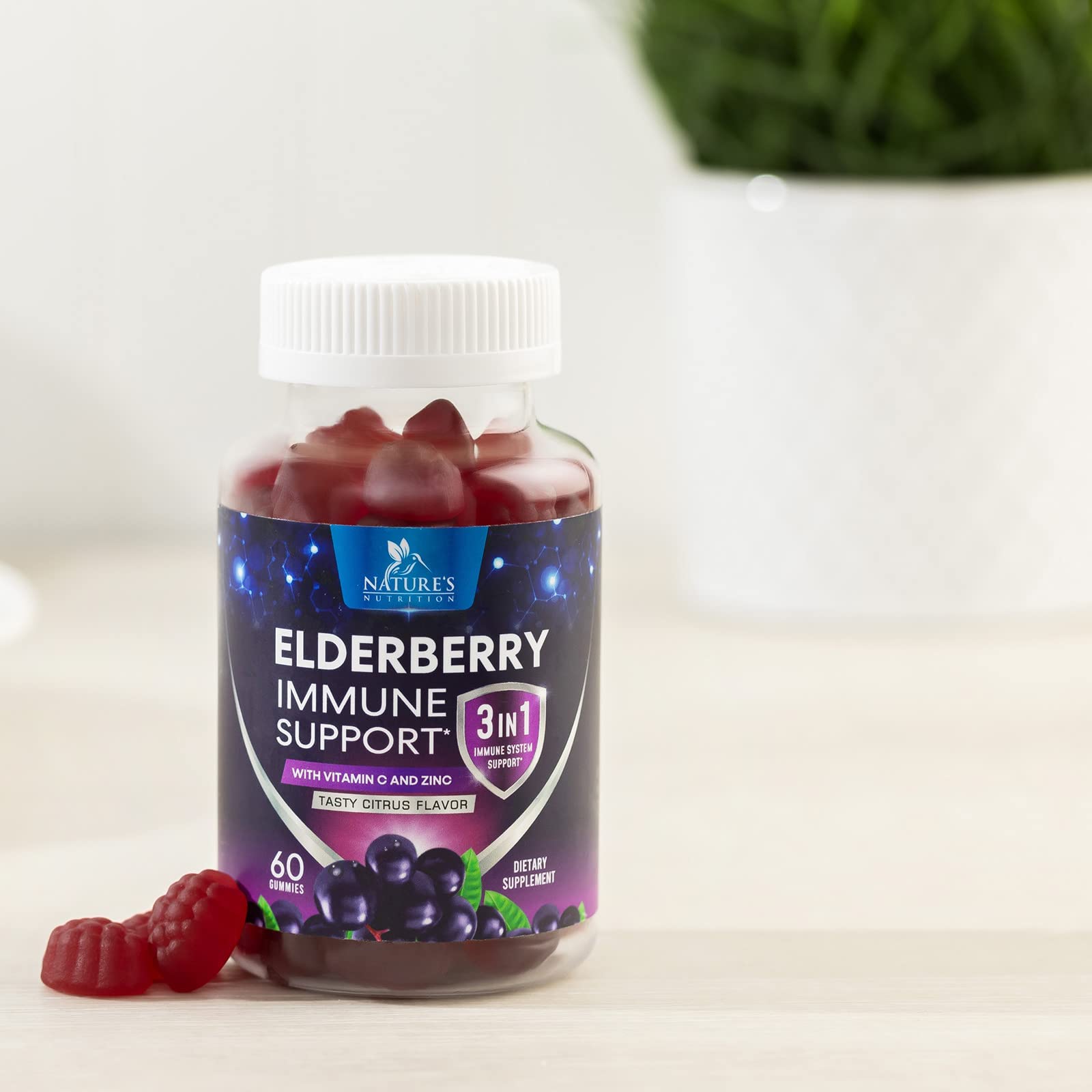 Sambucus Elderberry Immune Gummies, Daily Immune Support with Vitamin C, Vitamin D3, Zinc, Immune Support Gummy Vitamin Supplement, Black Elderberry for Adults, Kid, Gluten Free Non-GMO - 60 Gummies