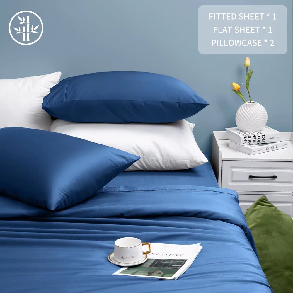 Shilucheng Cooling Feel 100% Bamboo Sheets Set- King Size 1800 Thread Count Soft Bed Sheets,16 Inch Deep Pocket,Breathable,Comfortable and Pilling Resistant -4PC(King,Navy Blue)