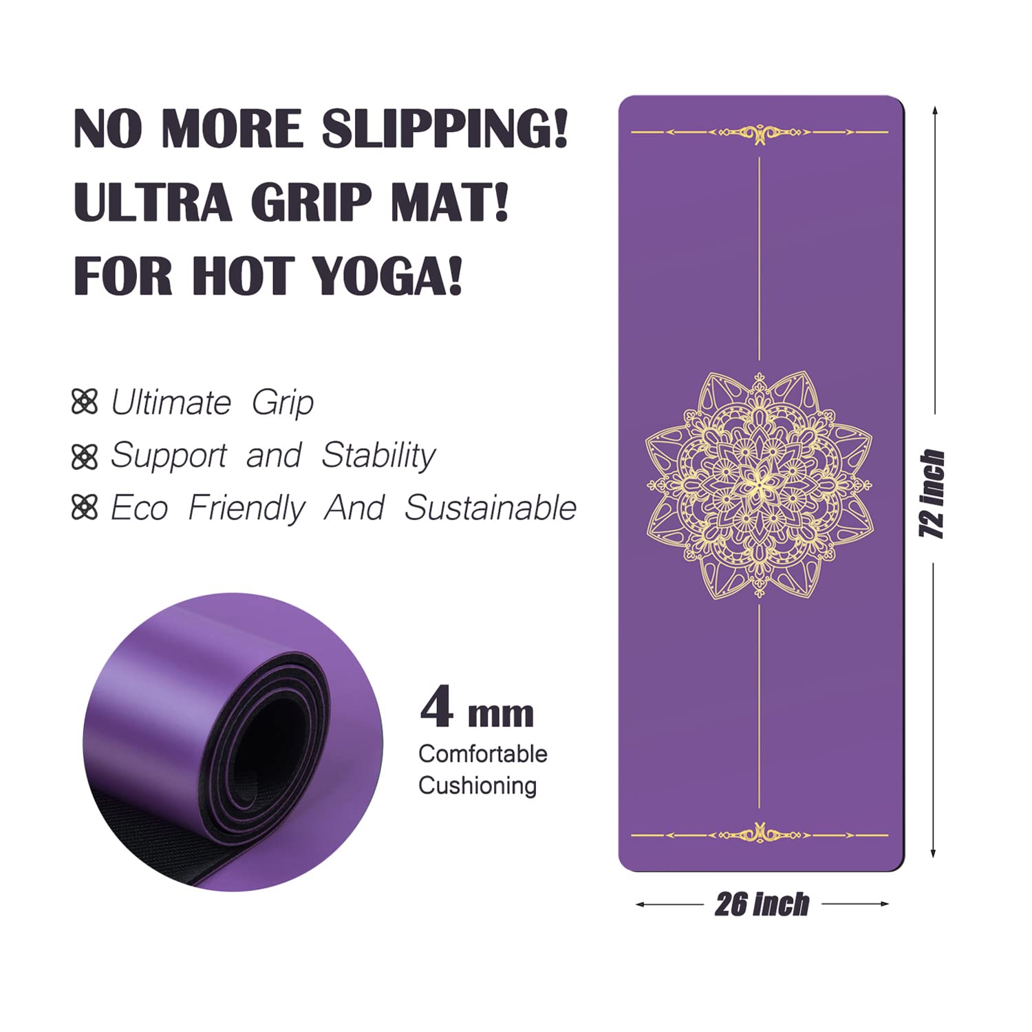 Upneargo Hot Yoga Mat Non Slip, Natural Rubber Base And Top Eco-Polyurethane Surface,Ultimate Grip Performance,Extra Large Size Exercise Mat For Hot Yoga, Pilates & Stretching, Free Carry Strap