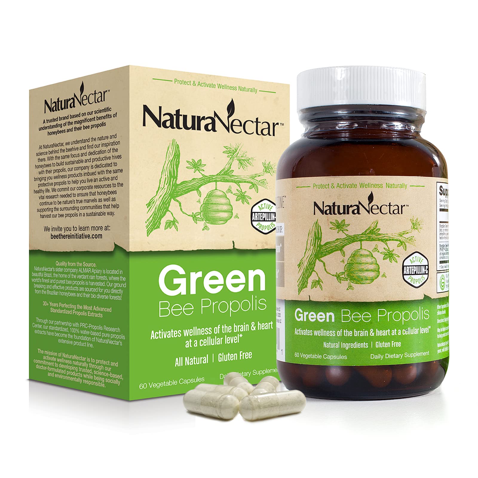 NaturaNectar Green Bee Propolis | NSF Contents Certified | Premium Brazilian Propolis | Care Relief | Ethical Beekeeping & Naturally Sourced | 60 capsules