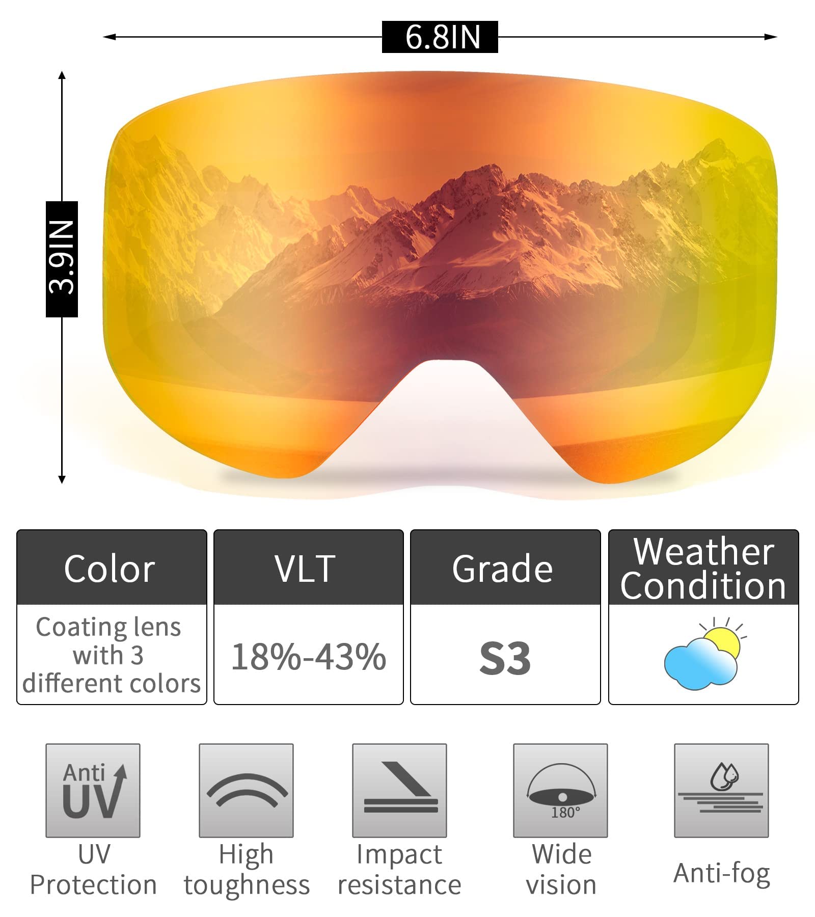 RABIGALA Ski Goggles with Detachable Lens, Frameless Magnetic Interchangeable Lens Anti-Fog 100% UV Protection Snowboard Snow Goggles (revo/silver)