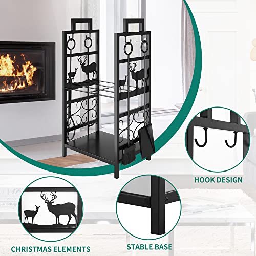 YITAHOME 2.6x1.3ft Firewood Rack Tools Set Wood Log Holder for Fire Place Outdoor Indoor Accessories - 2 Layer Iron with Brush, Shovel, Tong, Hook, Lumber Kit Storage Stacking, Black