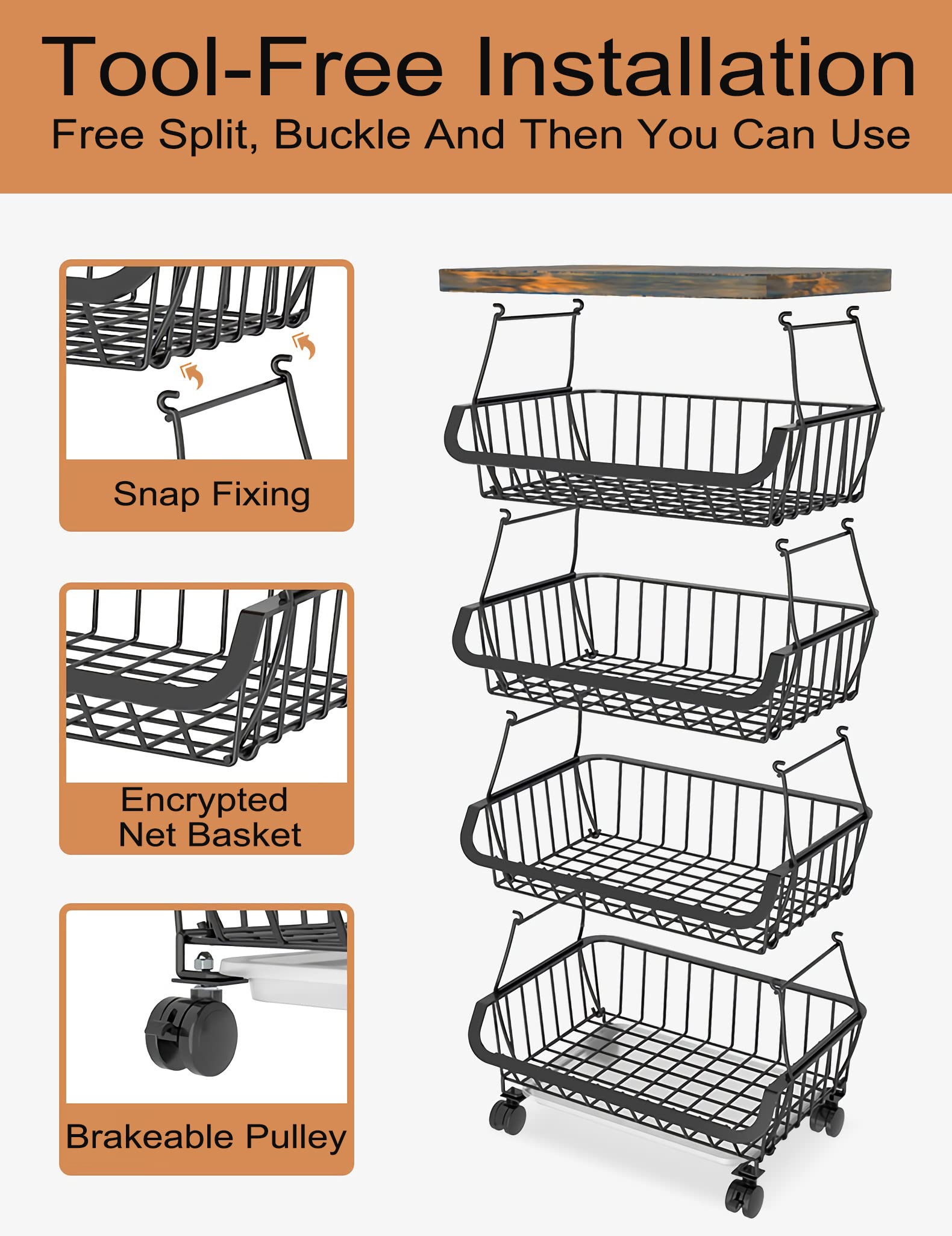 MURRI&MURRDI Kitchen Storage Cart with Top, 5 Tier Rolling Cart with Wheels Rolling Rack Storage Cart for Pantry, Can be Used as Kitchen Cart Fruit Basket Stand for Kitchen (Black, 5 Layer)