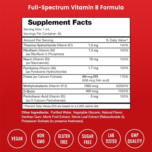 NutraChamps Vitamin B Complex Liquid Drops | B Vitamins Complex Supplement with B1, B2, B3, B6, B7, B9 & Methyl B12 Drops for Adults & Kids | Vegan Berry Flavor 2oz | 60 Servings / 2 Month Supply