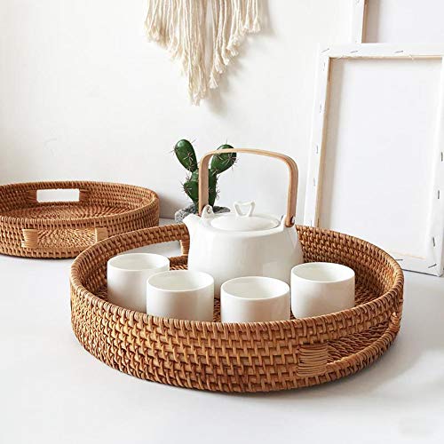 Sziqiqi Rattan Serving Tray Round Woven Decorative Tray for Coffee Table with Handles Display Storage Basket Trays for Fruit Food Drinks Snack Wicker Boho Ottoman Platter