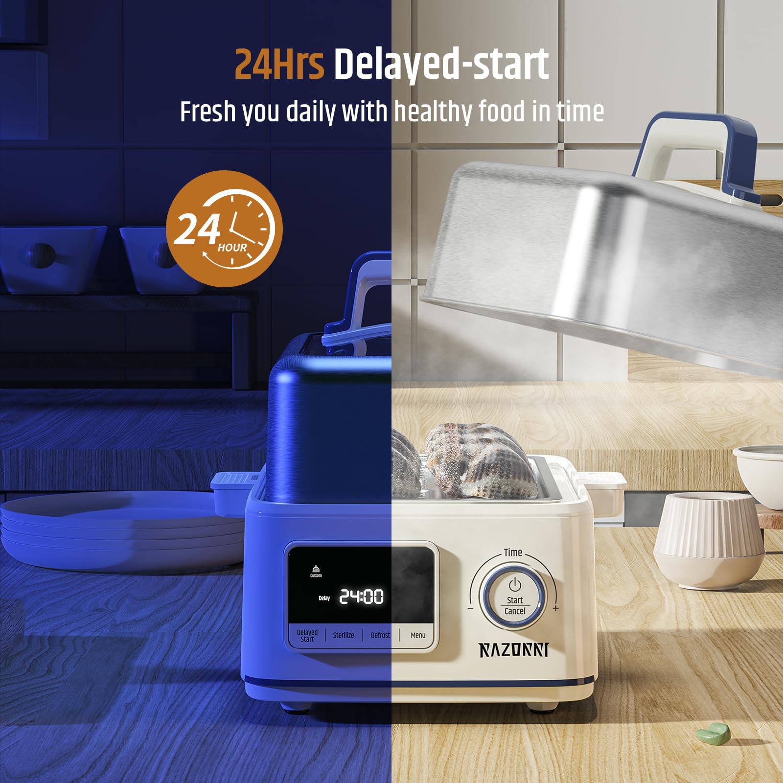 Razorri Electric Food Steamer 5-Quart Stainless Steel with Timer, 24H Delayed Start, Auto Keep Warm, and Large 68 Oz Water Capacity - Ideal for Cooking Healthy Vegetables, Poultry, Fish, Meat and more