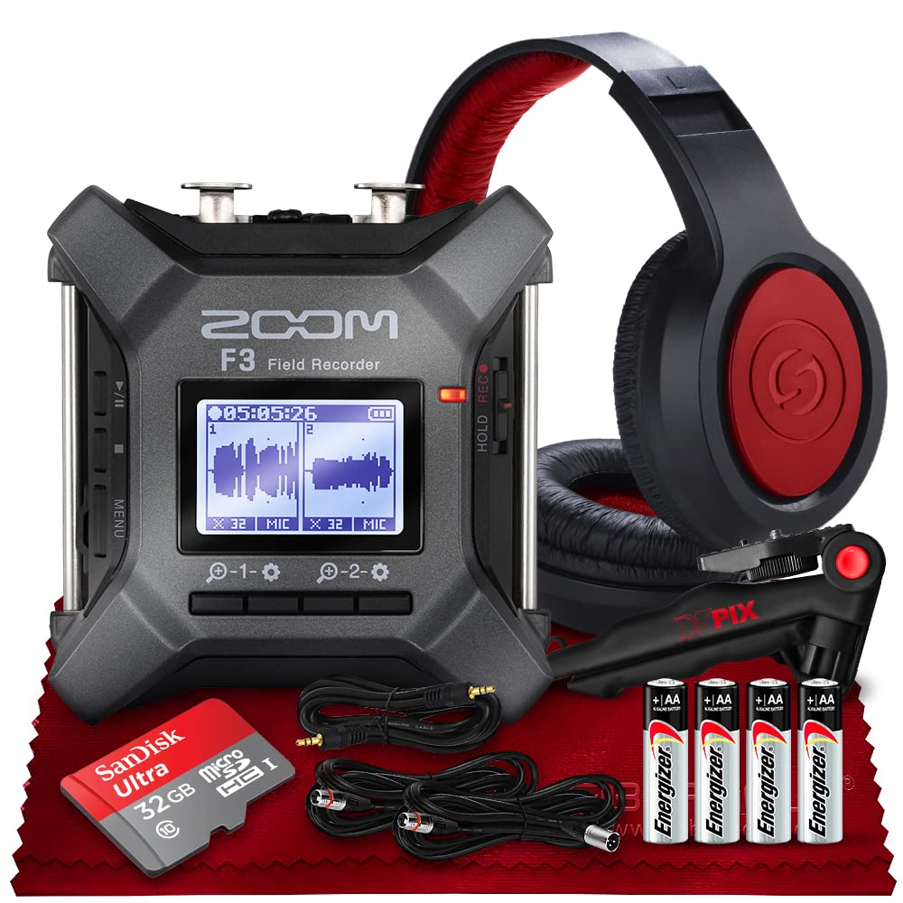 Zoom F3 Professional Field Recorder, (ZF3) 32-bit Float Recording, 2-Input / 2-Track Portable XLR/TRS Recorder, Battery Powered, w/Basic Bundle Xpix Headphones, 32GB, Table Tripod & More