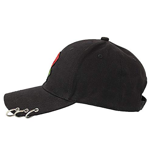 Nutriangee Men Women Rose Floral Embroidered Metal Ring Baseball Cap Cotton Adjustable Flower Dad Hat Black