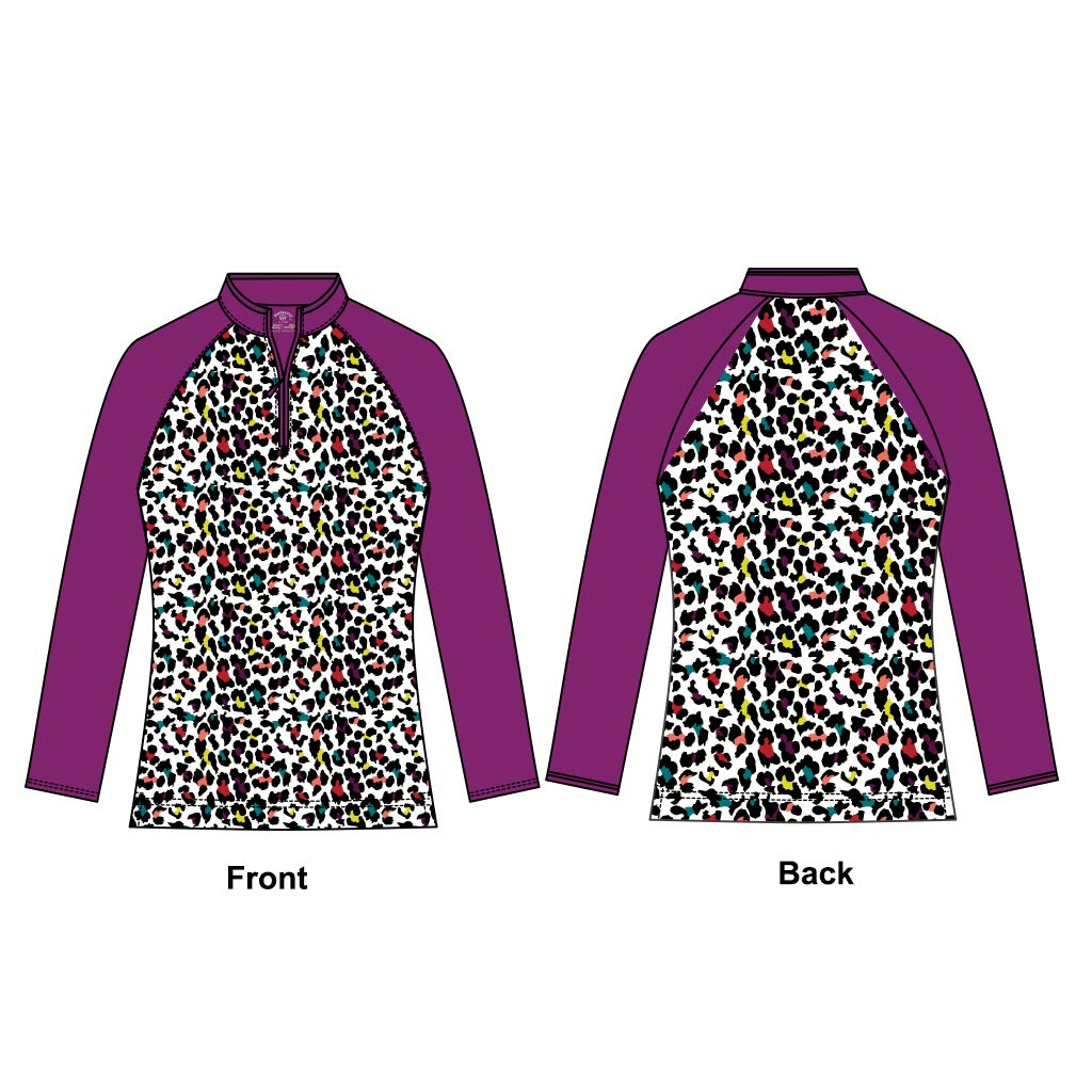 Monterey Club Women's Pro Leopard Print Block 3/4 Sleeve Zip Polo Shirt #2352 (Mulberry/White, X-Large)