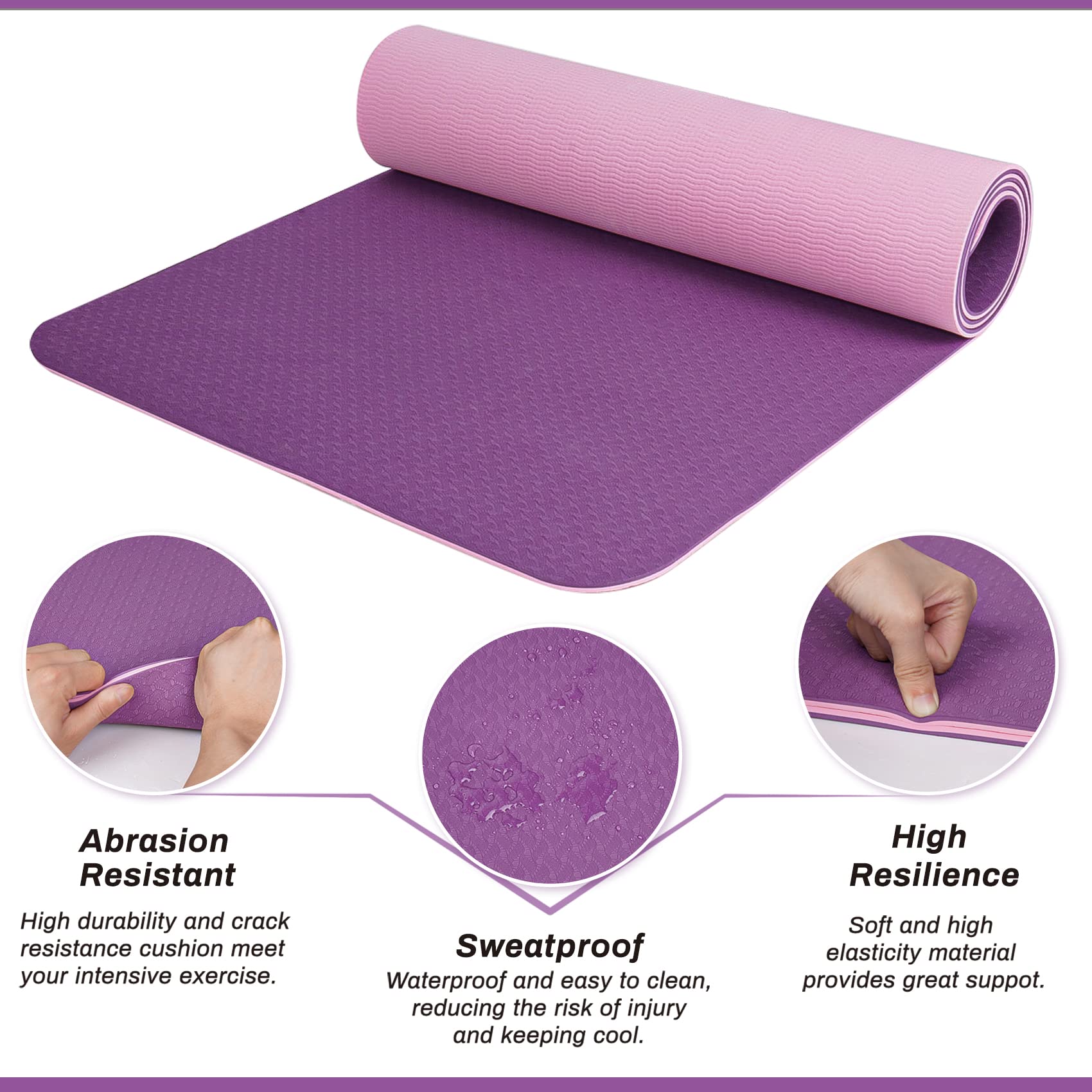 Non-Slip Yoga Mat, Eco Friendly TPE Workout Mat with Strap and Bag, 1/4 Inch Thick, 72”x 24”, Comfortable and Easy to Carry, Purple