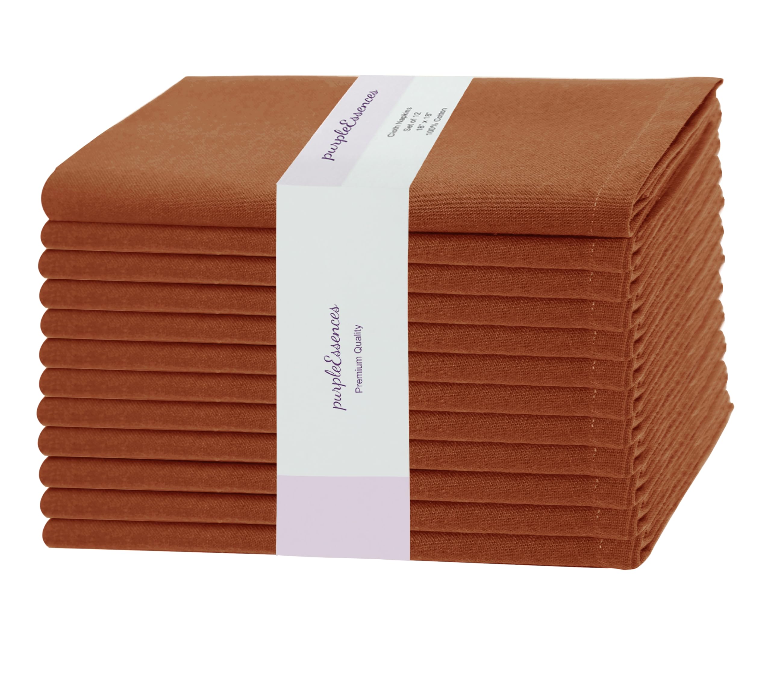 PurpleEssences Set of 12 Cloth Dinner Napkins 100% Cotton 18x18 - Soft Durable Washable - Ideal for Farmhouse Party Spring and Summer - Perfect Everyday Use Table Linen - Rust
