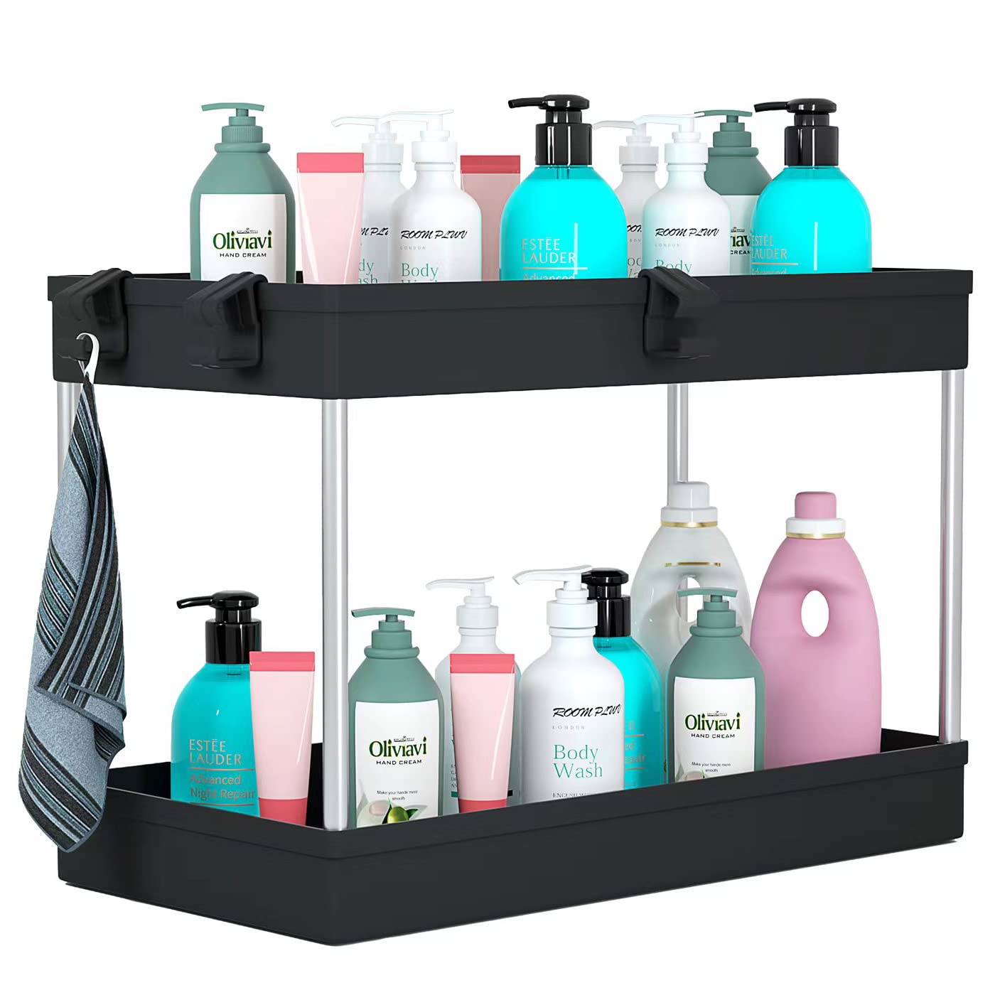 Under Sink Organizers and Storage, 2 Tier Storage Under Cabinet Bathroom Kitchen Organization and Storage with 4 Hooks, Multi-Purpose Under Sink Storage for Bathroom Kitchen, Black