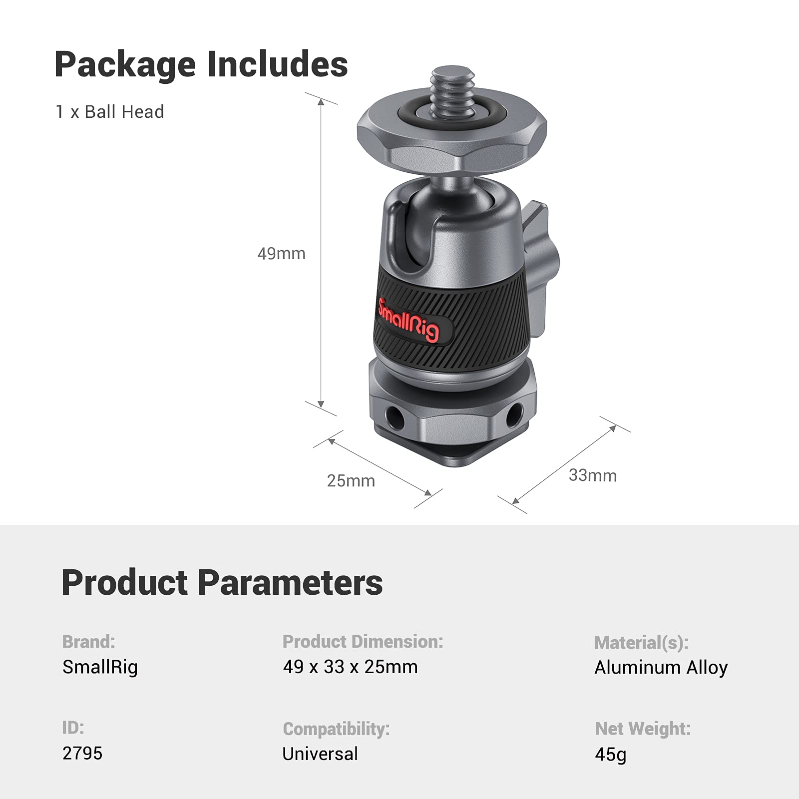 SmallRig Mini Ball Head with Removable Cold Shoe Mount, 360° Panning Ball Head for Camera/Microphone/Video Monitor/LED Video Light 2795