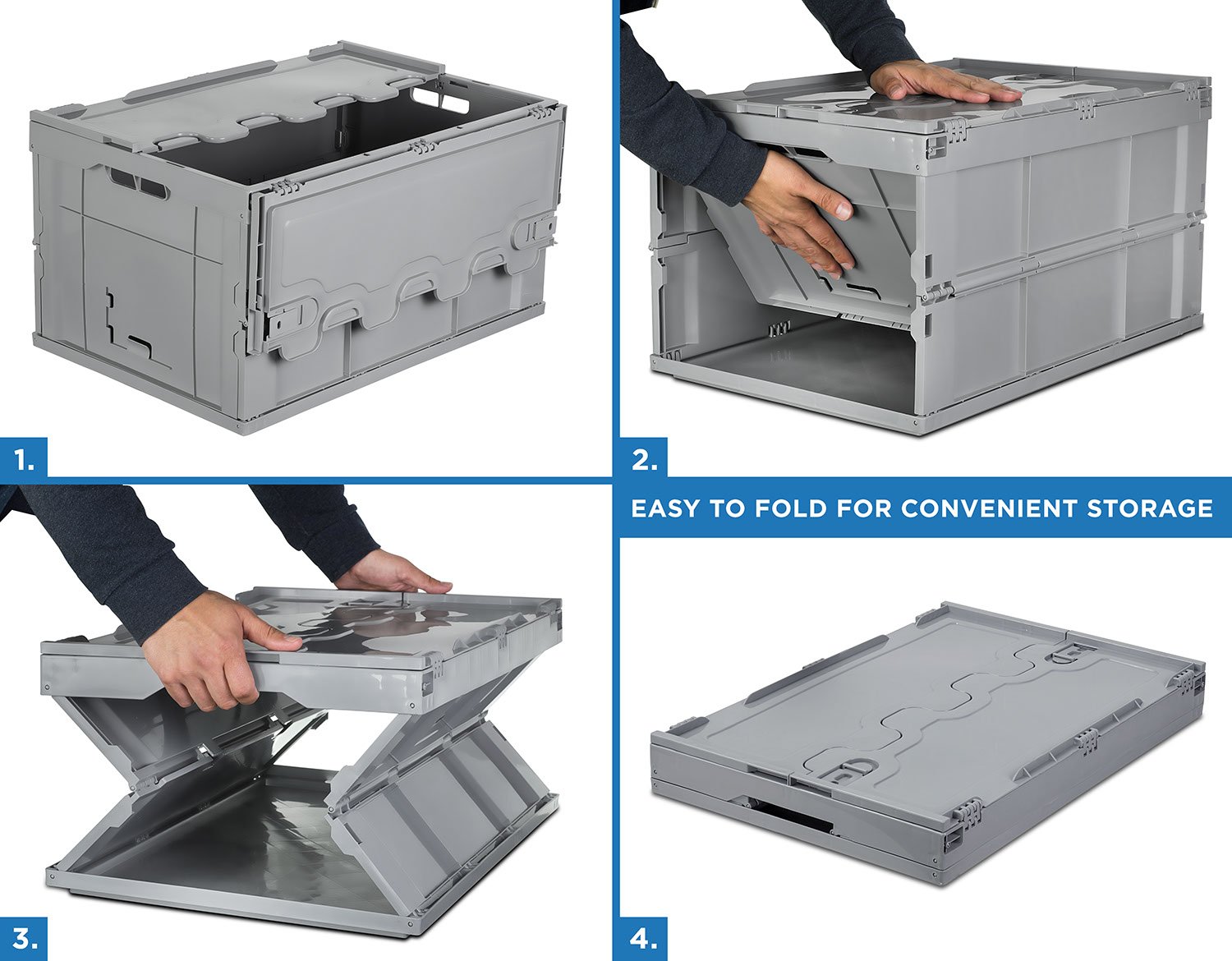 Mount-It! Collapsible Plastic Storage Crate, Folding and Stackable Utility Distribution Container with Attached Lid, 65L Liter Capacity, Pack of 1