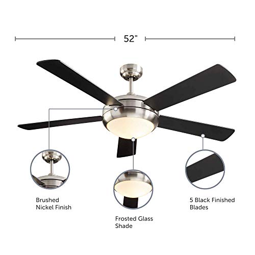 NOMA Ceiling Fan with Light | Dimmable Ceiling Fan with Remote | Black Finish, Nickel, 52-Inch