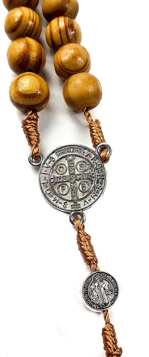 Nazareth Store Wood Beads Rosary Necklace Saint Benedict Medal & Catholic Cross Religious Prayer Chaplet String Handmade - Velvet Bag