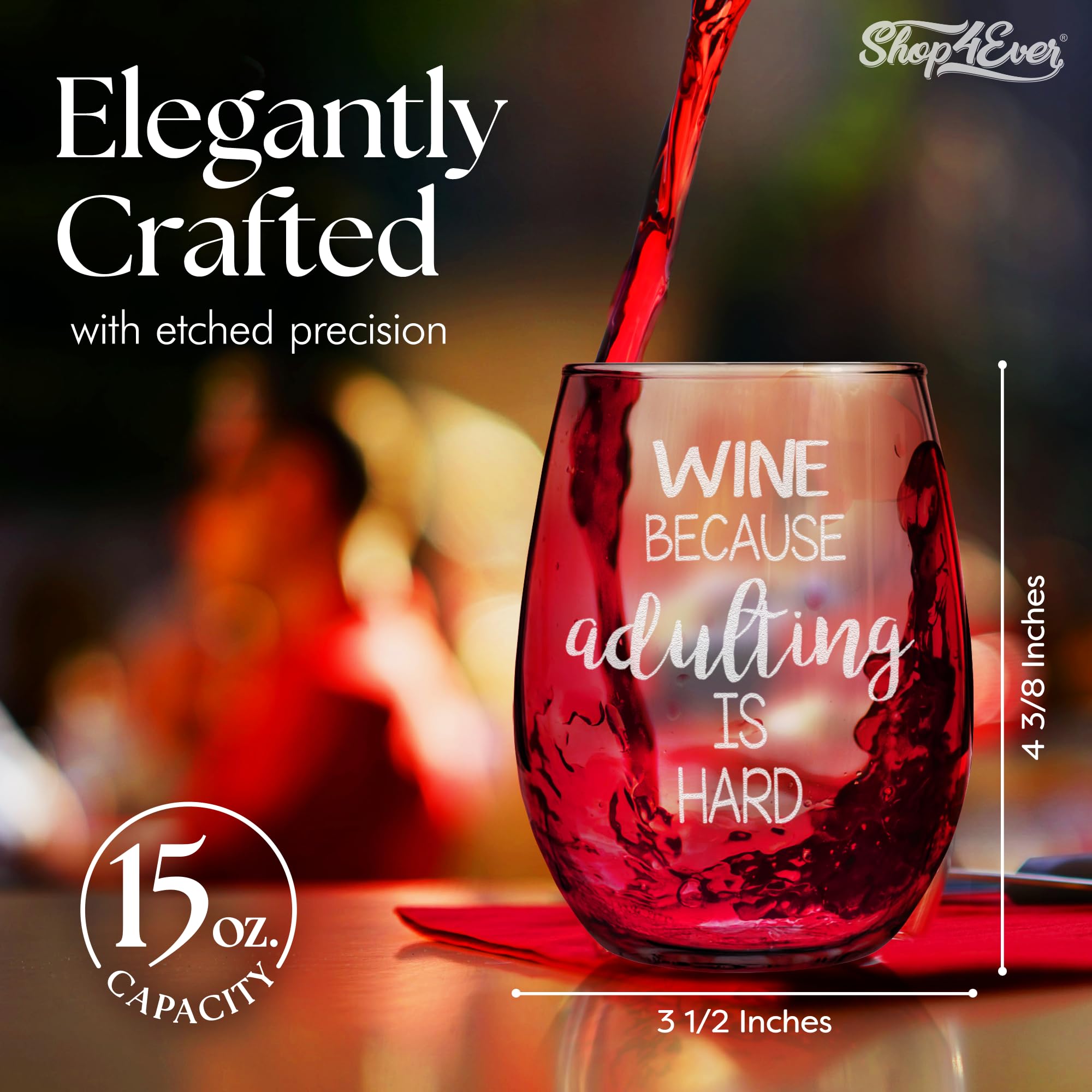 shop4ever Wine Because Adulting is Hard Laser Engraved Stemless Wine Glass 15 oz. Funny Gift