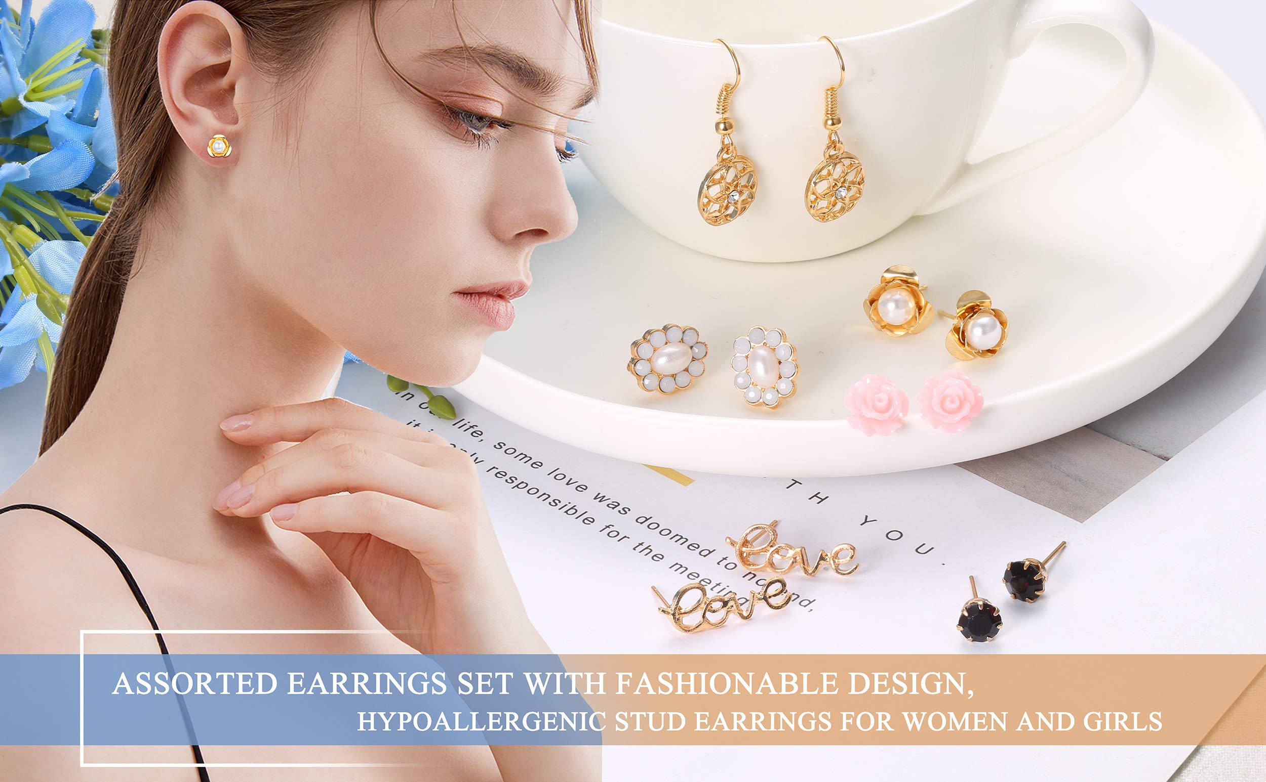 SAILIMUE 84 Pairs Assorted Multiple Stud Earrings Hoop Set Dangle Cute Hypoallergenic CZ Bow Butterfly Flower Leaf Ball Simple Drop Earrings Stud for Women Pack