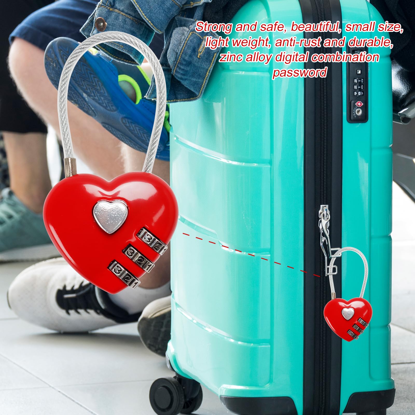 Red Heart Padlock, Mini Code Lock, Wire Rope 3-Digit Code Combination Padlock for Travel Bags/Suitcase/Lockers/Backpacks/Jewelry Boxes, 3 Packs