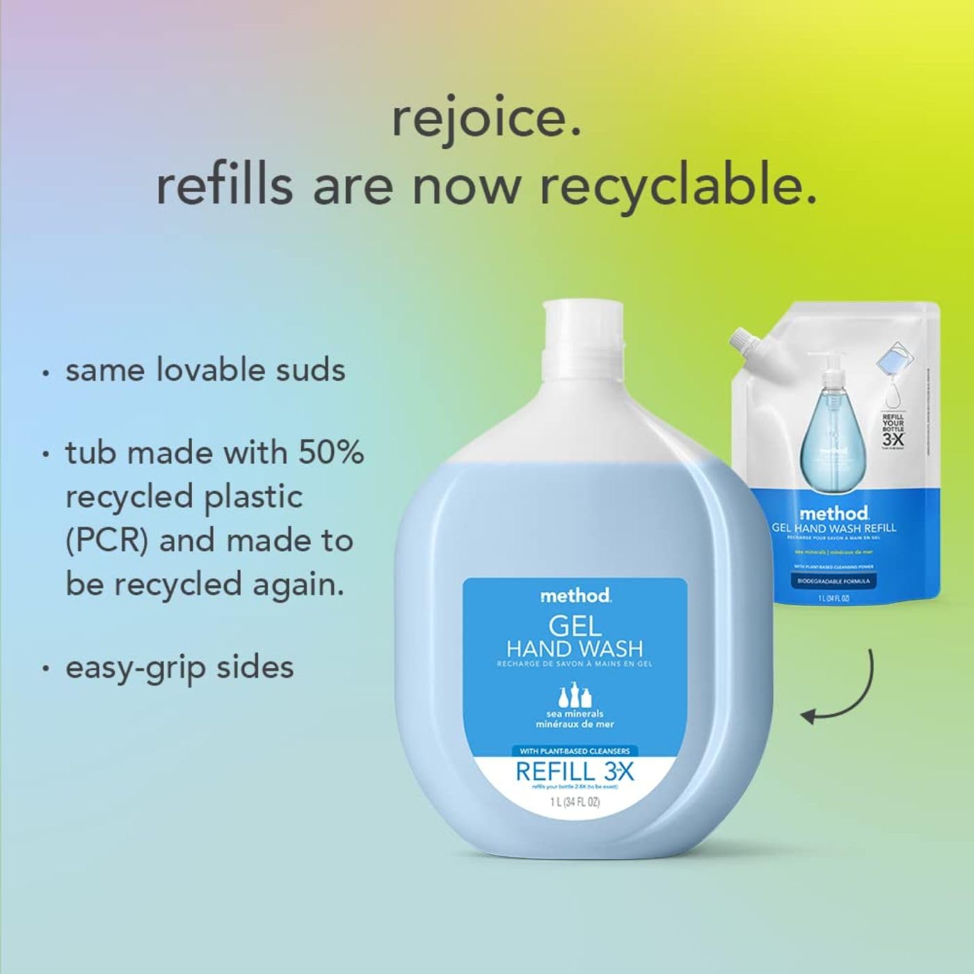 Method Gel Hand Soap Refill, Waterfall, Recyclable Bottle, Biodegradable Formula, 34 oz (Pack of 4)