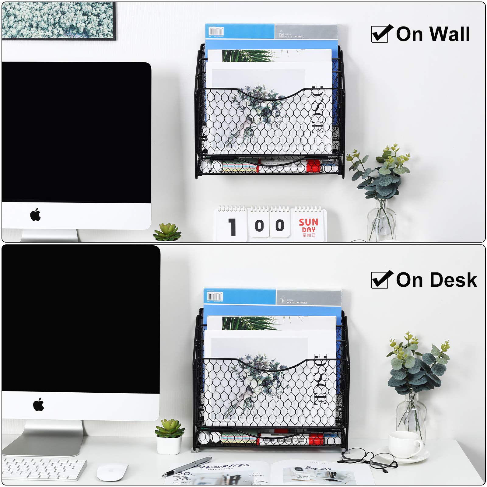 PAG Desktop Wall Mounted File Holder Organizer Metal Chicken Wire Mail Sorter Magazine Rack with Drawer, Black