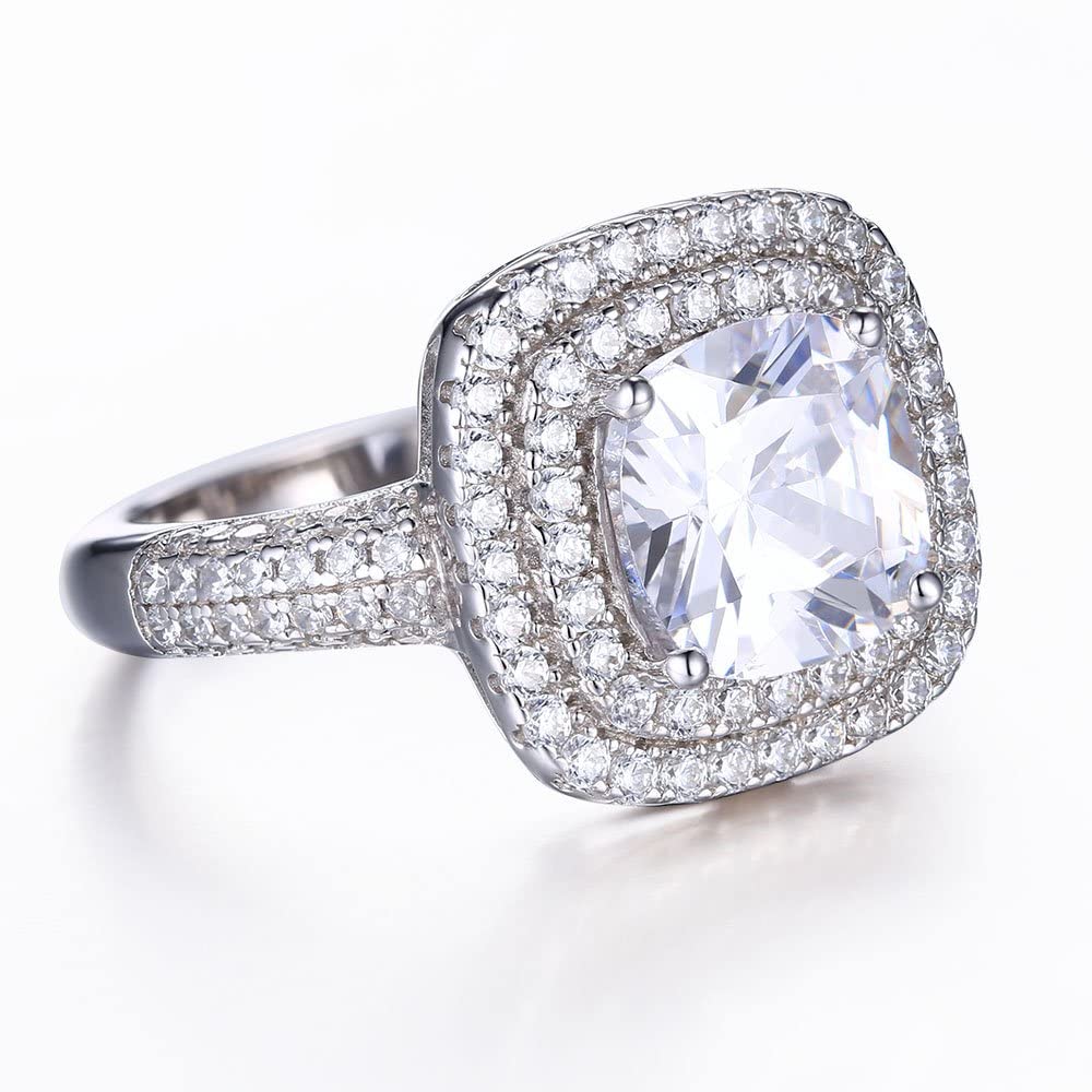 Mozume Women's 3ct luxury Cushion Solitaire Cubic Zirconia Engagement Ring Anniversary Wedding Halo 925 Sterling Silver (6)