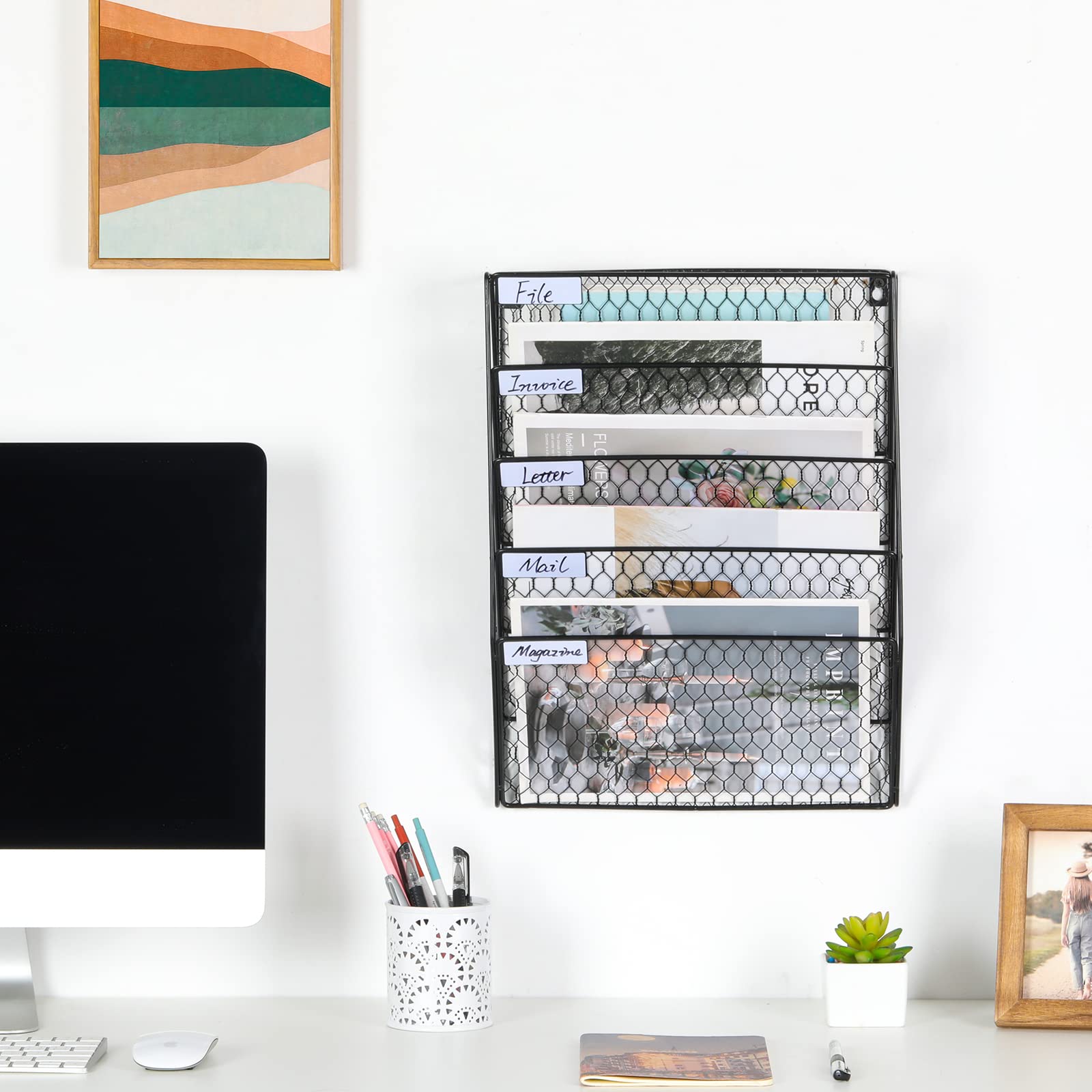 PAG Hanging Wall File Holder Office Wall Organizer Mail Sorter Metal Chicken Wire Literature Rack, 3-Tier, Black