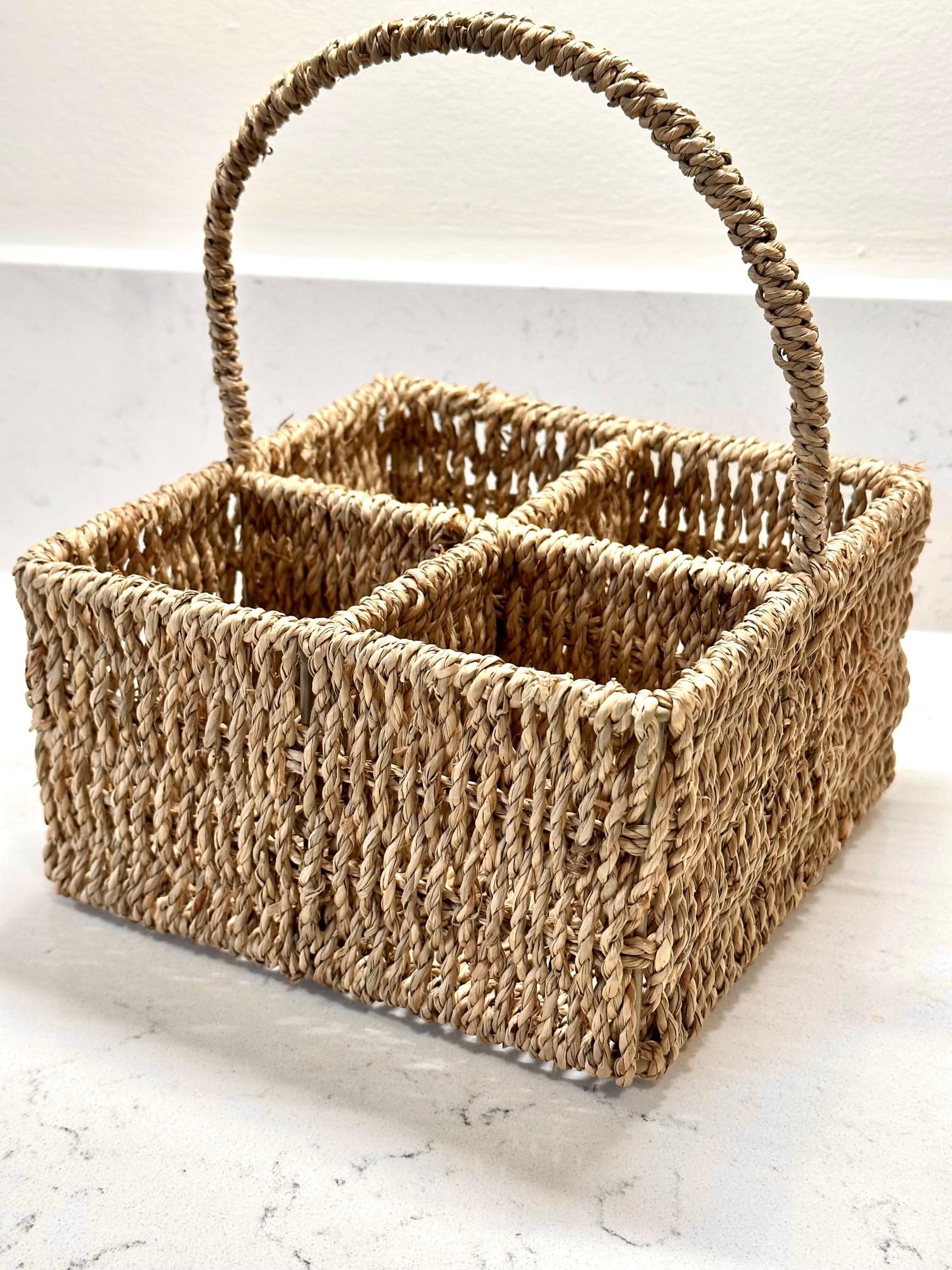Pear Tree Essentials Seagrass Flatware Holder Caddy and Utensil Organizer Hand Woven design for Cutlery on Countertop or for Picnics with Handle