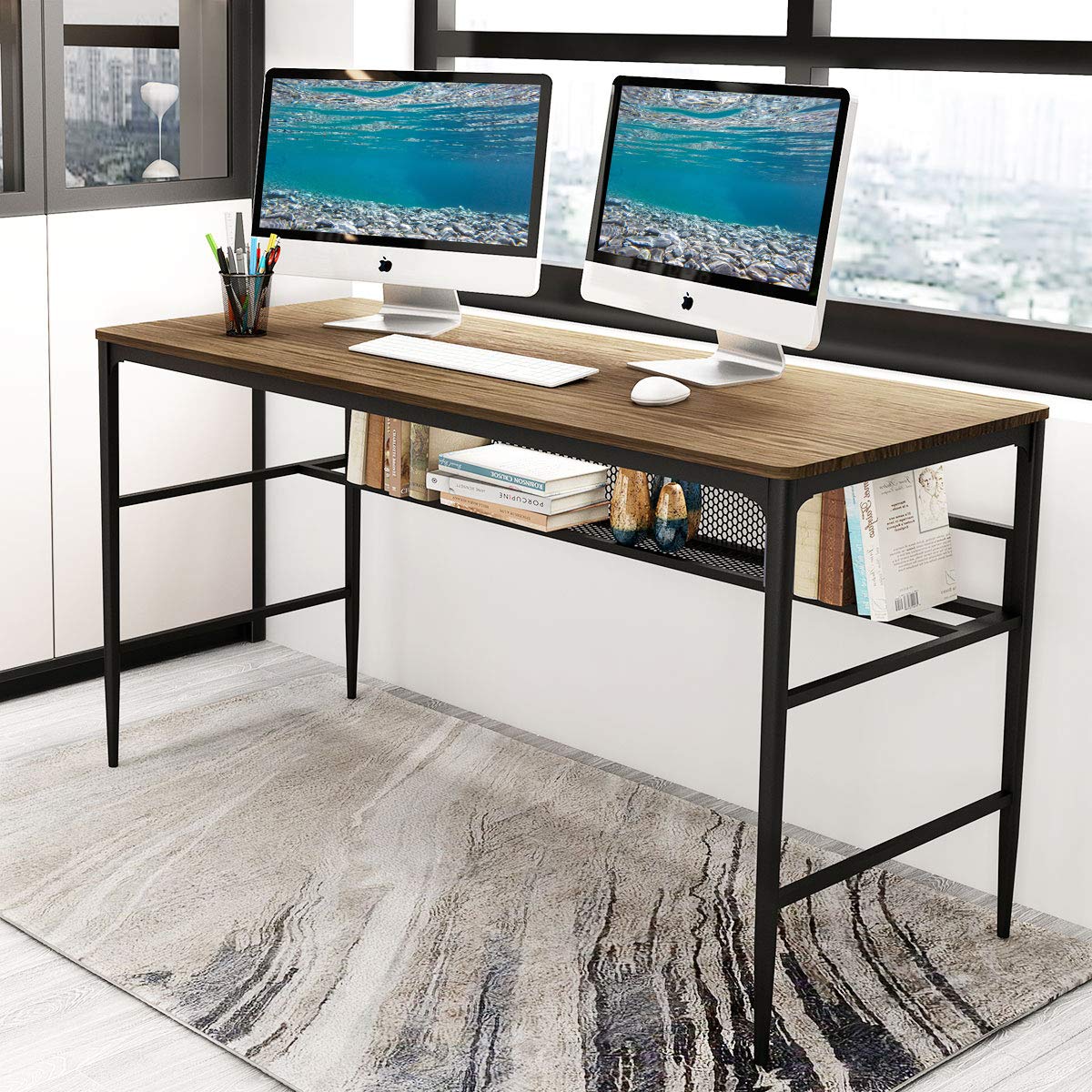 O&K FURNITURE Computer Desk with Book Shelf,55 Inch Study Writing Table, PC Laptop Desk for Home Office Workstation,Rustic Brown