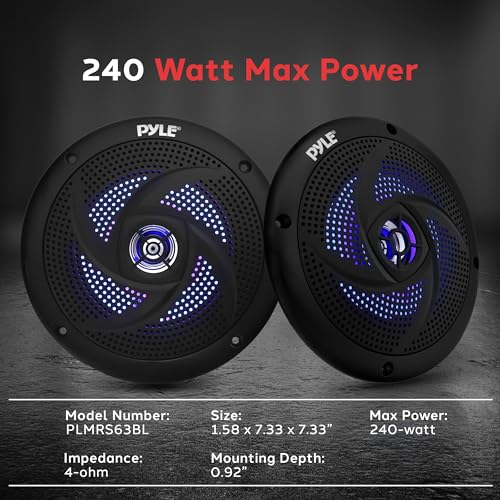 Pyle Marine Waterproof Speakers 6.5β - Low Profile Slim Style Wakeboard Tower and Weather Resistant Outdoor Audio Stereo Sound System with LED Lights and 240 Watt Power - 1 Pair in Black - PLMRS63BL