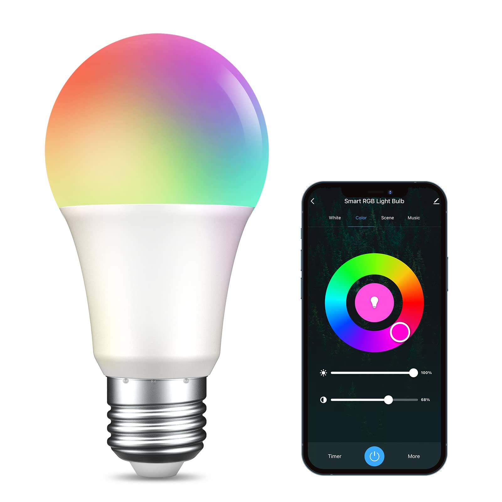 Smart Light Bulbs, A19 E26 Color Changing Light Bulb, WiFi Light Bulb, Smart Bulbs That Work with Alexa & Google Assistant, Dimmable RGB Alexa Light Bulb No Hub Required, 75W Equivalent 800LM, 1 Pack