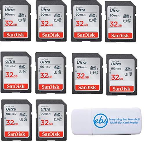 SanDisk Ultra - 10 Pack Bundle UHS-I Class 10 SD Flash Memory Card Retail (SDSDUNC-032G-GN6IN) - With Everything But Stromboli (TM) Combo Card Reader