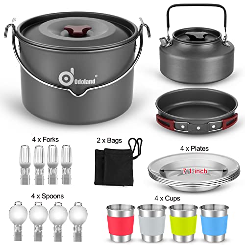 Odoland 22pcs Camping Cookware Mess Kit, Large Size Hanging Pot Pan Kettle with Base Cook Set for 4, Cups Dishes Forks Spoons Kit for Outdoor Camping Hiking Picnic