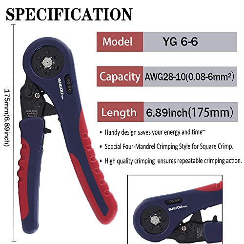 Yangoutool Ferrule Crimping tool YG6-6 Awg28-10 Hexagonal Increasing Conductive Area Unique Compact Design Wire Ferrell Crimper for Wiring Cable Insulated End-Sleeves Assortment Connectors Terminal