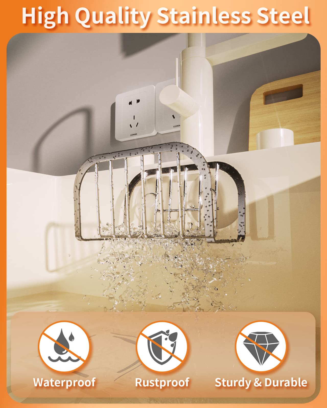 SWTYMIKI Sponge Holder for Kitchen Sink, Movable Sink Sponge Holder with Suction Cups Stainless Steel Sink Caddy Suction Cup for Sponge & Brush, Silver