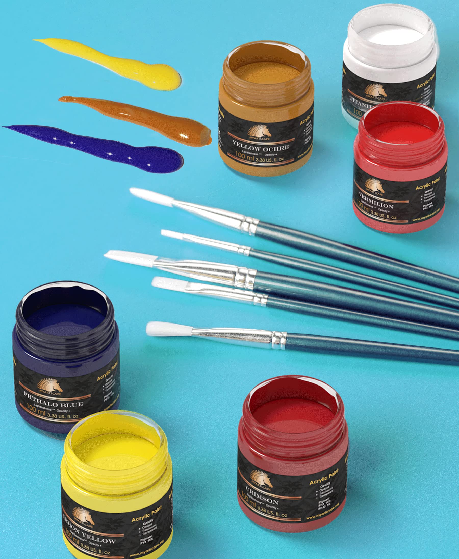 MyArtscape Acrylic Paint Set - 12 x 100ml Bottles - Artist Quality Paints - Lightfast - Heavy Body - Highly Pigmented Colors with Great Coverage - Professional Art Supplies