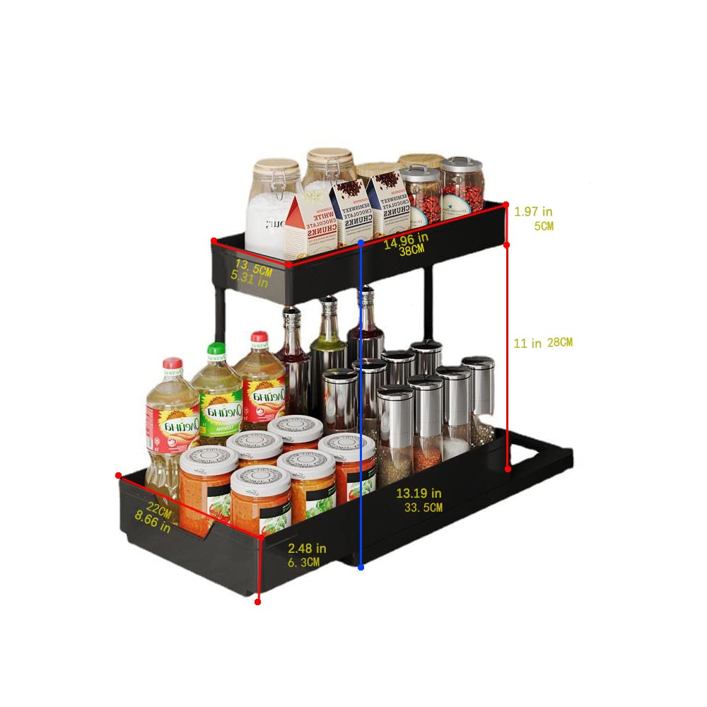 Under Sink Organizers 2-Tier, Bathroom/Kitchen Cabinet Basket Organizer Storage with Hooks Widely Use for Kitchen Spices/Under Sink/Bathroom